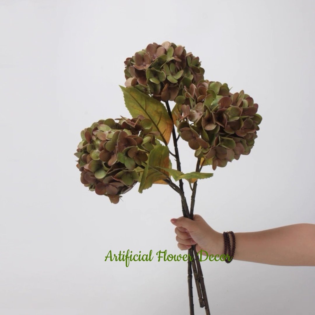 Olive Green Faux Fall Hydrangeas Bouquets- 3 Stems - Artificial Flower Decor
